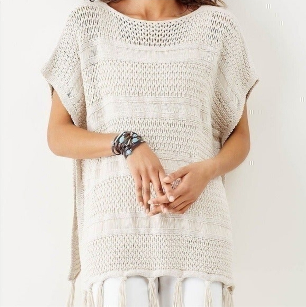 J.Jill Boardwalk Open Stitch Poncho With Tassled Frin… - Gem